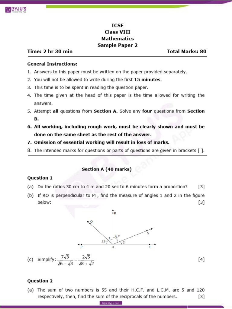 ICSE Class 8 Mathematics Sample Paper 2 | PDF | Area | Length