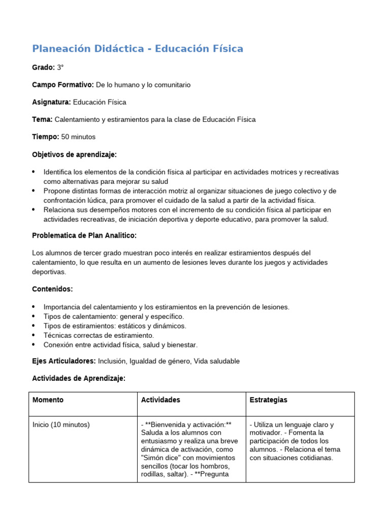 Calentamiento y Estiramientos para La Clase de Educación Física | PDF ...