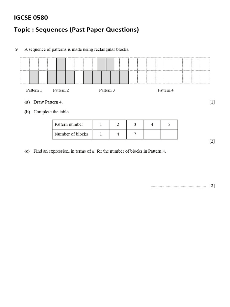 0580 IGCSE Past Paper Questions - Sequences | PDF