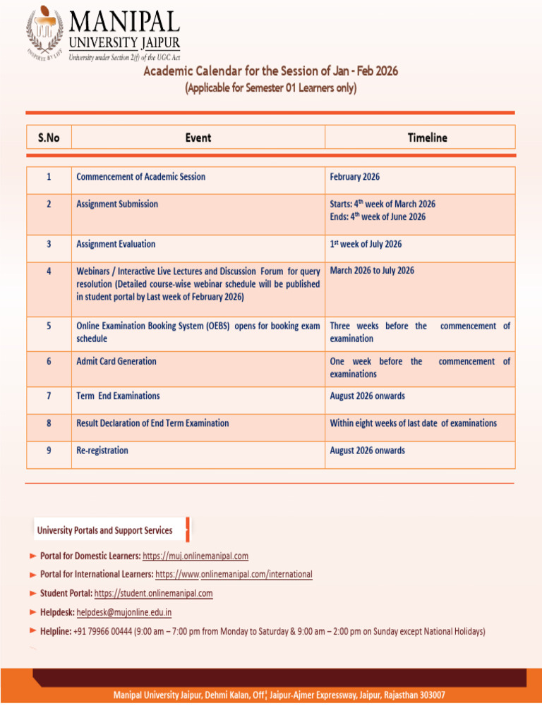 CDOE-MUJ - Academic Calendar for the Session of Jan-Feb 2026 (Batch 11 ...