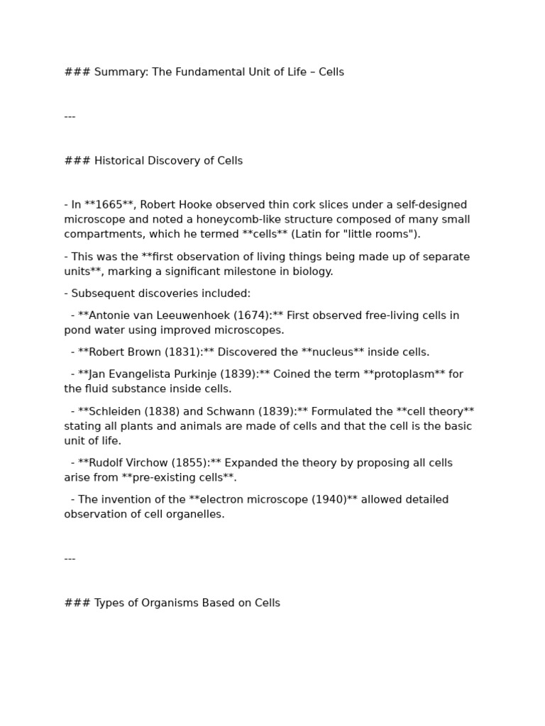 Summary Fundamental Unit of Life | PDF | Cell (Biology) | Endoplasmic ...