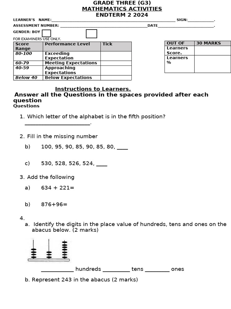 2024 Grade 3 Mathematics Activities End Term Assessment Term 2-01-24 ...