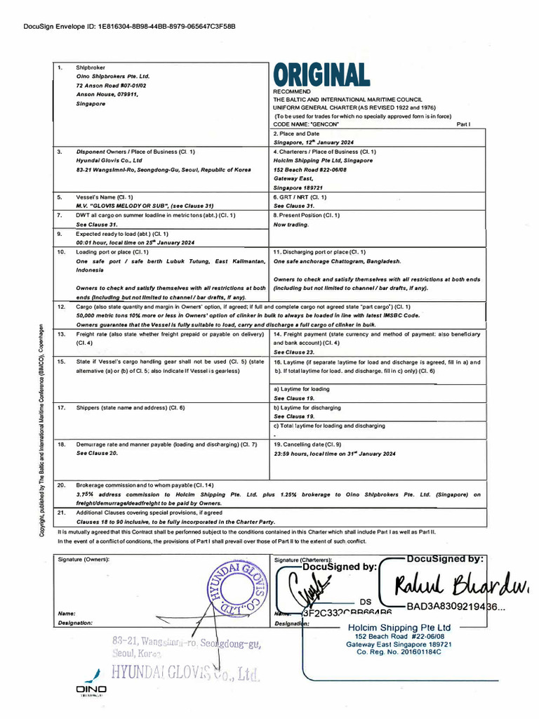 Mv Glovis Melody or Sub Acc Holcim Cp Dd 12.01.24 - Original Cp - Fully ...