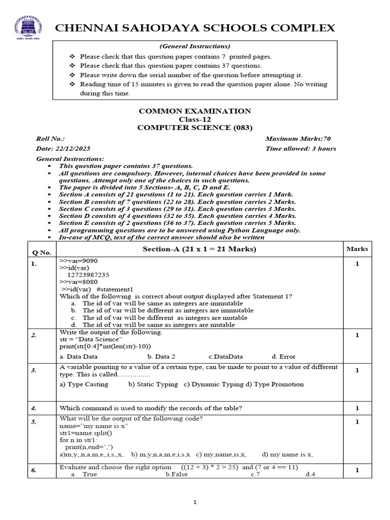 CSSC Common Examination QP 2025-26 (Practice Papaer 1) | PDF | Computer ...