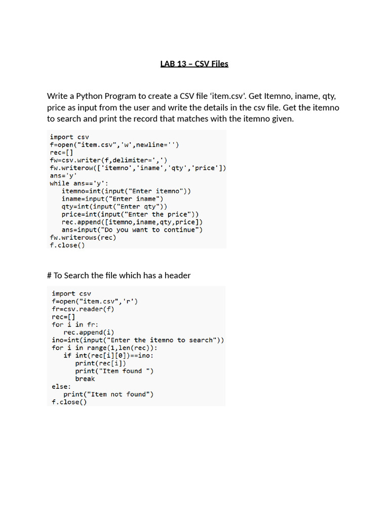 LAB 17 - CSV Create and Search | PDF