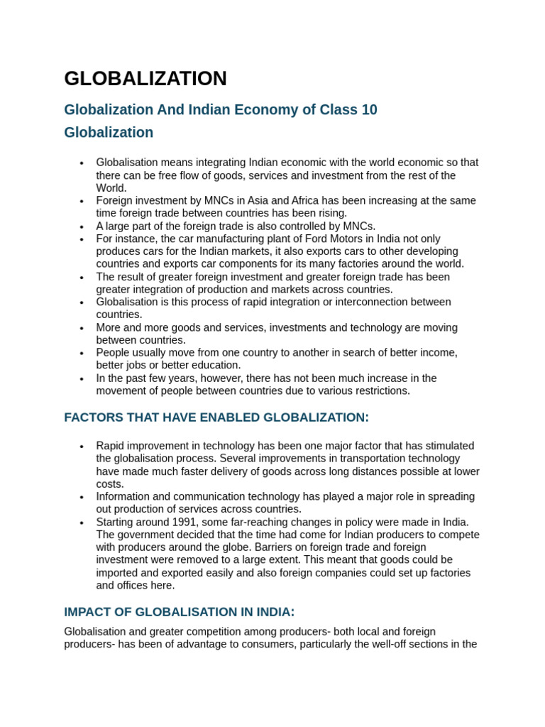 Class 10 Globalisation Notes | PDF | Globalization | International Trade