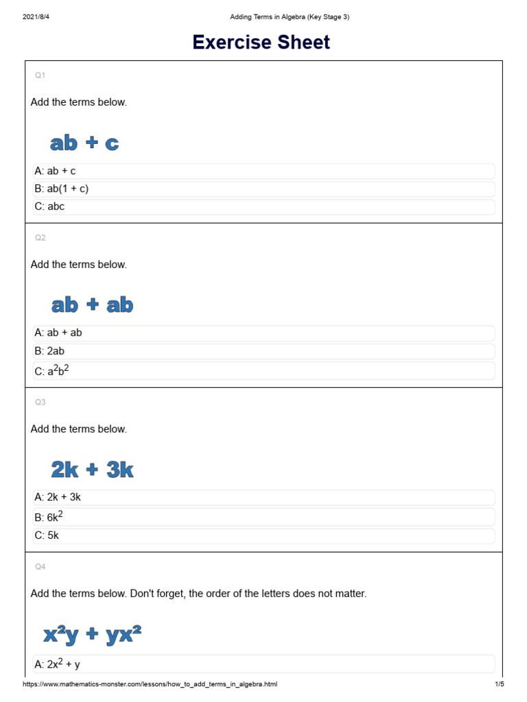 Adding Terms in Algebra (Key Stage 3) | PDF | Algebra | Mathematics