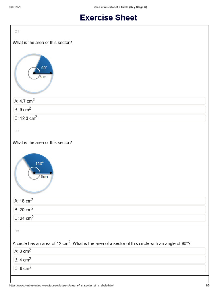 Area of A Sector of A Circle (Key Stage 3) | PDF | Euclidean Geometry ...