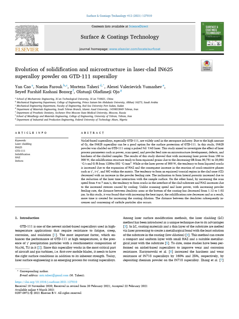 Evolution of Solidification and Microstructure in Laser-Clad IN625 ...