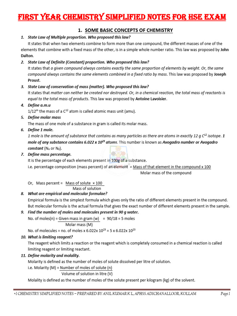 Chemistry Simplified notesChapter 1 and 2_260215_002943 | PDF | Mole ...