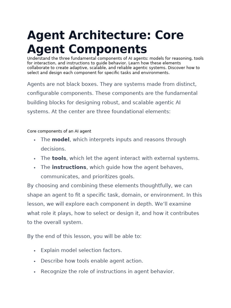 Agent Architecture Core Agent Components | PDF | System | Artificial ...