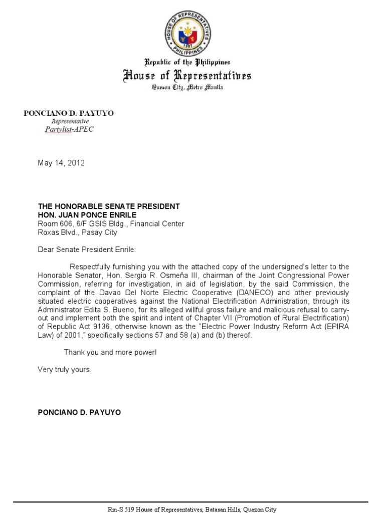 Copy Furnish of Letter To JCPC Sen. Osmena | PDF