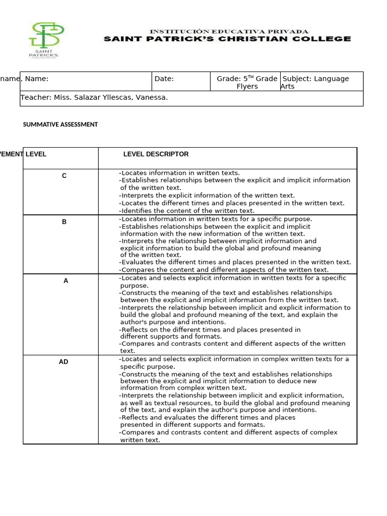 5th English Exam IV Bim | PDF | Information | Cognition