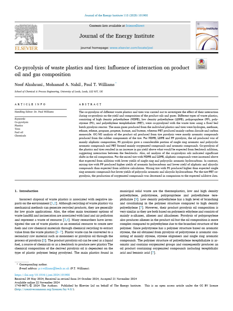 Co-pyrolysis of waste plastics and tires: Influence of interaction on ...