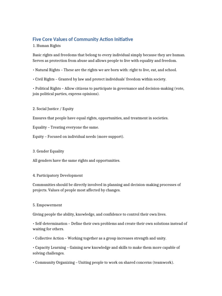 Five Core Values of Community Action Initiative | PDF