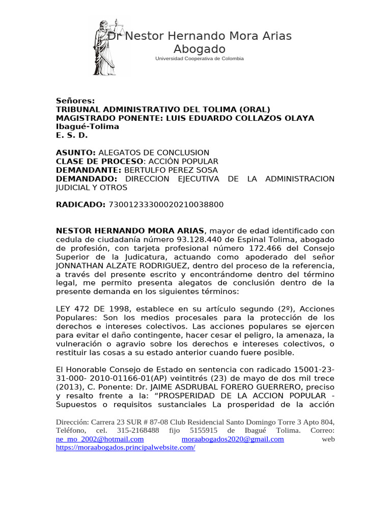 Alegatos de Conclusion Accion Popular Bertulfo Sosa Contra Jhonathan ...