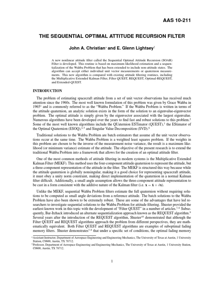 The Sequential Optimal Attitude Recursion Filter Pdf Kalman Filter Eigenvalues And