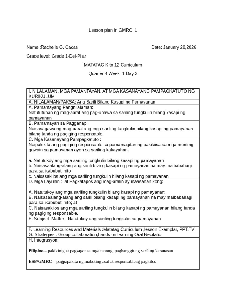 Lesson Plan in GMRC q4 Day 29 | PDF