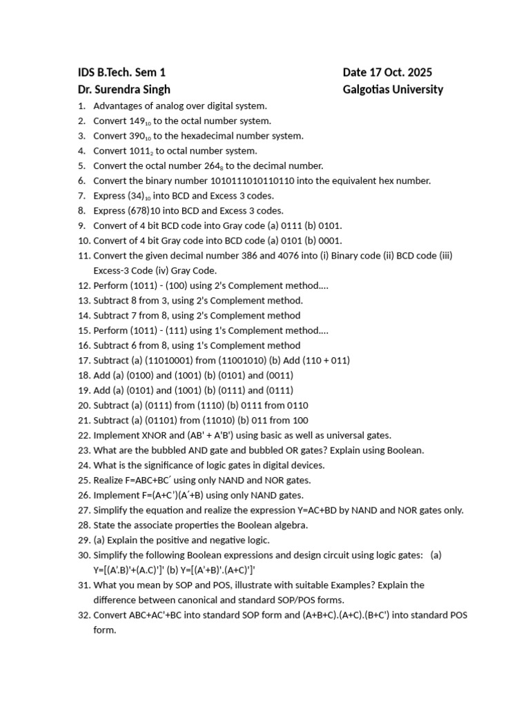 IDS Practice Questions Sem 1 MTE Nov 2025 DR Surendra Singh | PDF