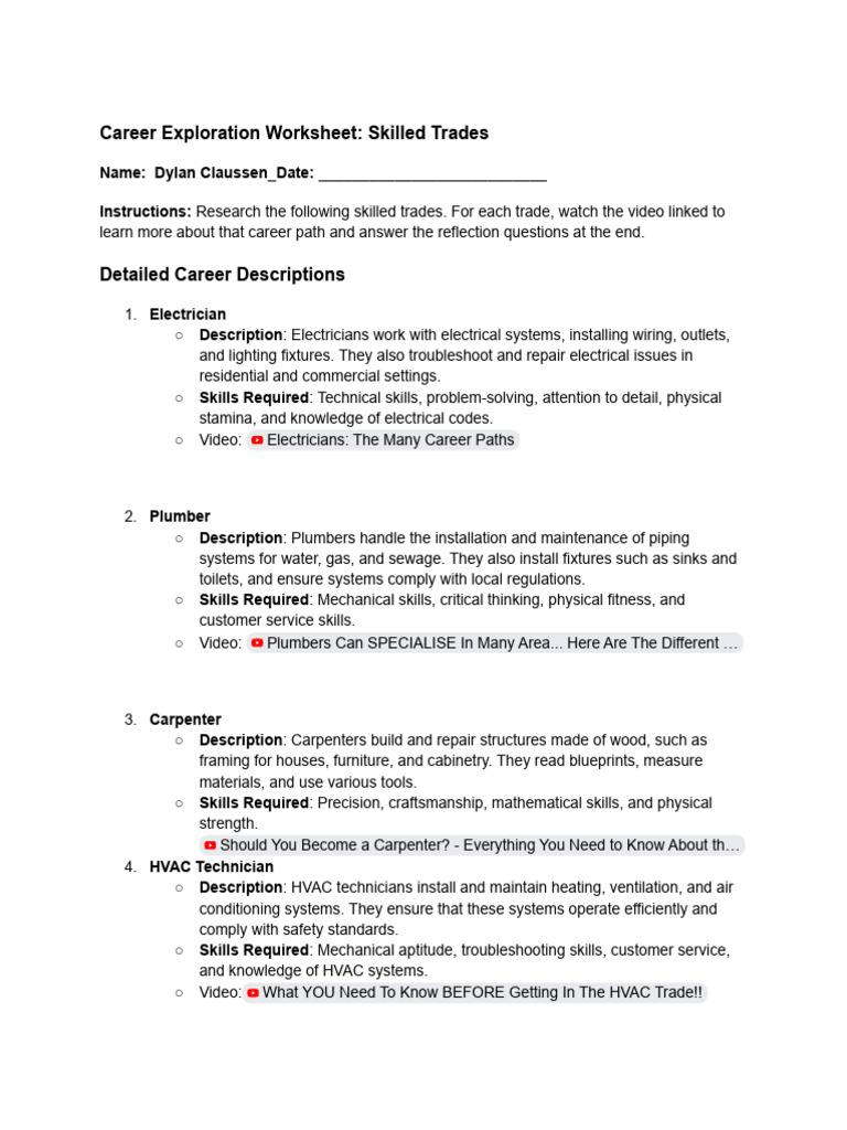 Copy of Career Exploration Worksheet_ Skilled Trades | PDF | Carpentry ...