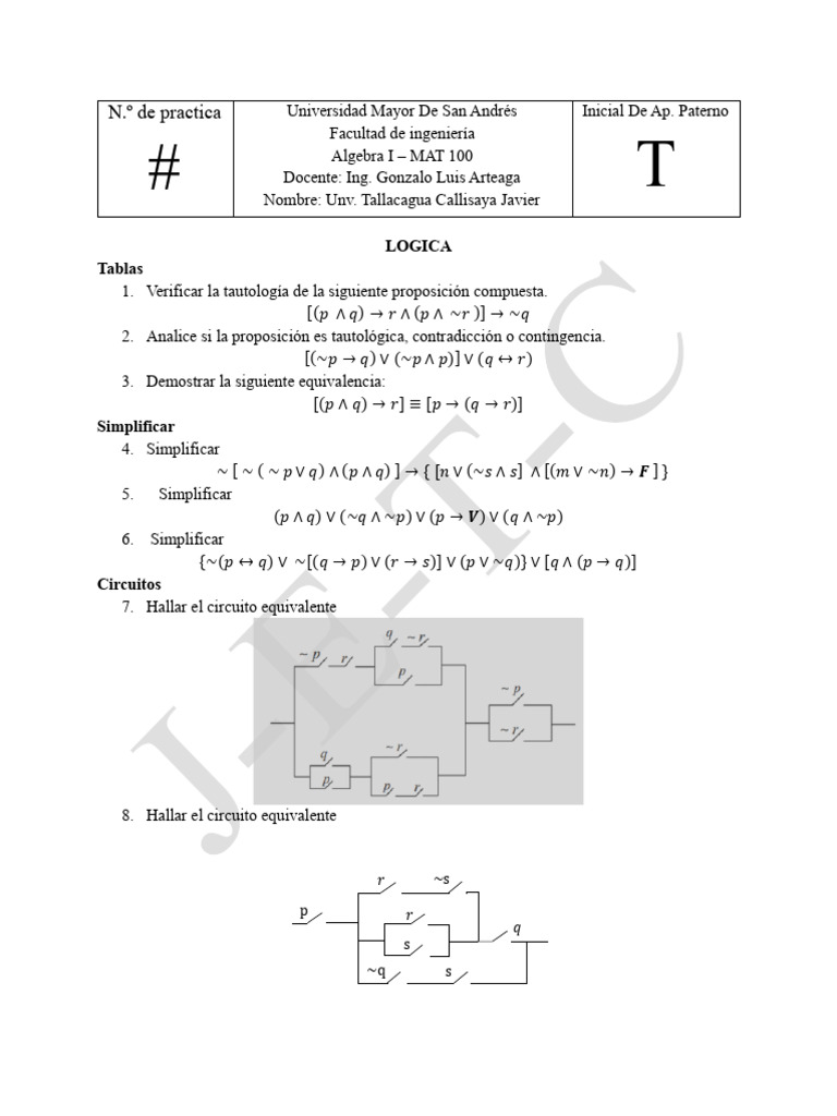 Practica MAT 100 I 2026 2 | PDF | Sintaxis (Lógica) | Lógica matemática