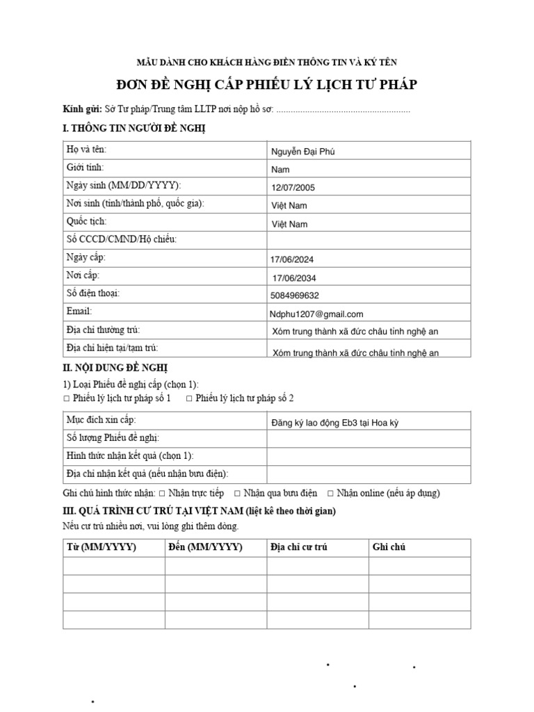 Don de Nghi Cap Phieu Ly Lich Tu Phap Template v2 2 | PDF