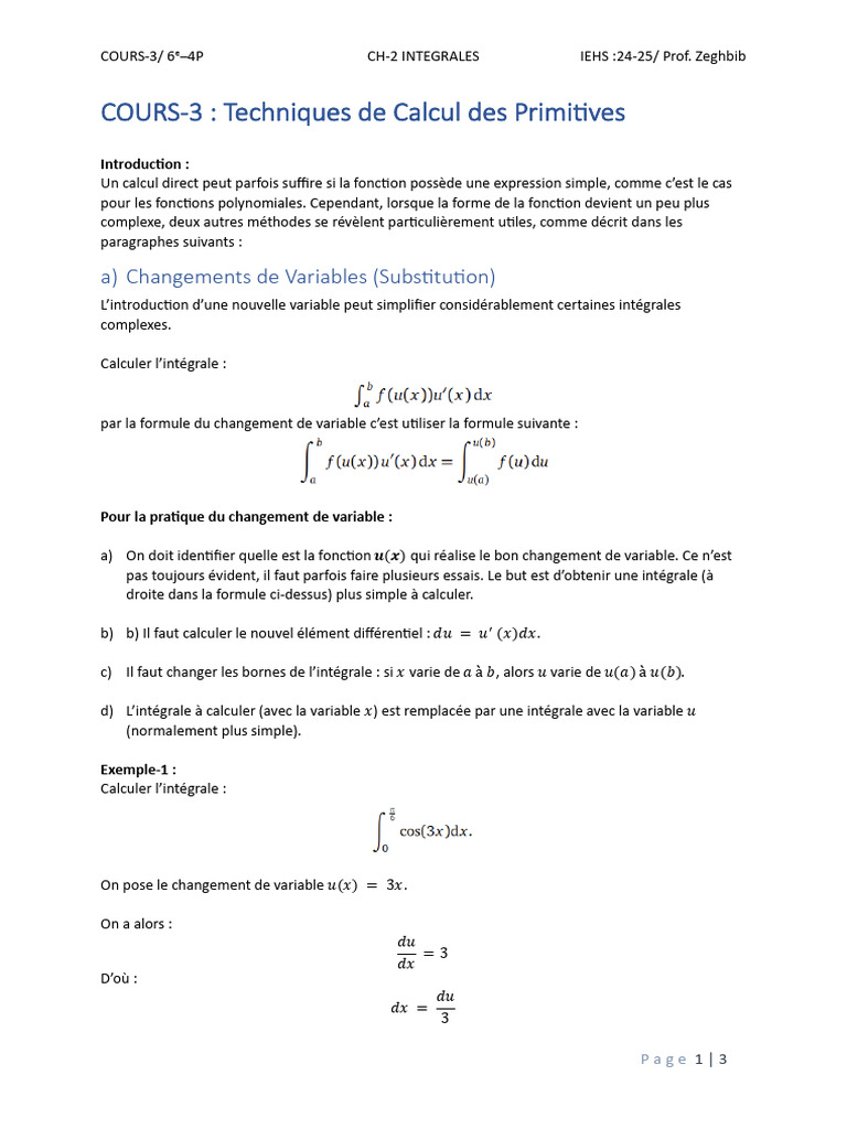 3 - COURS-3 - Techniques de Calcul Des Primitives | PDF | Intégral ...