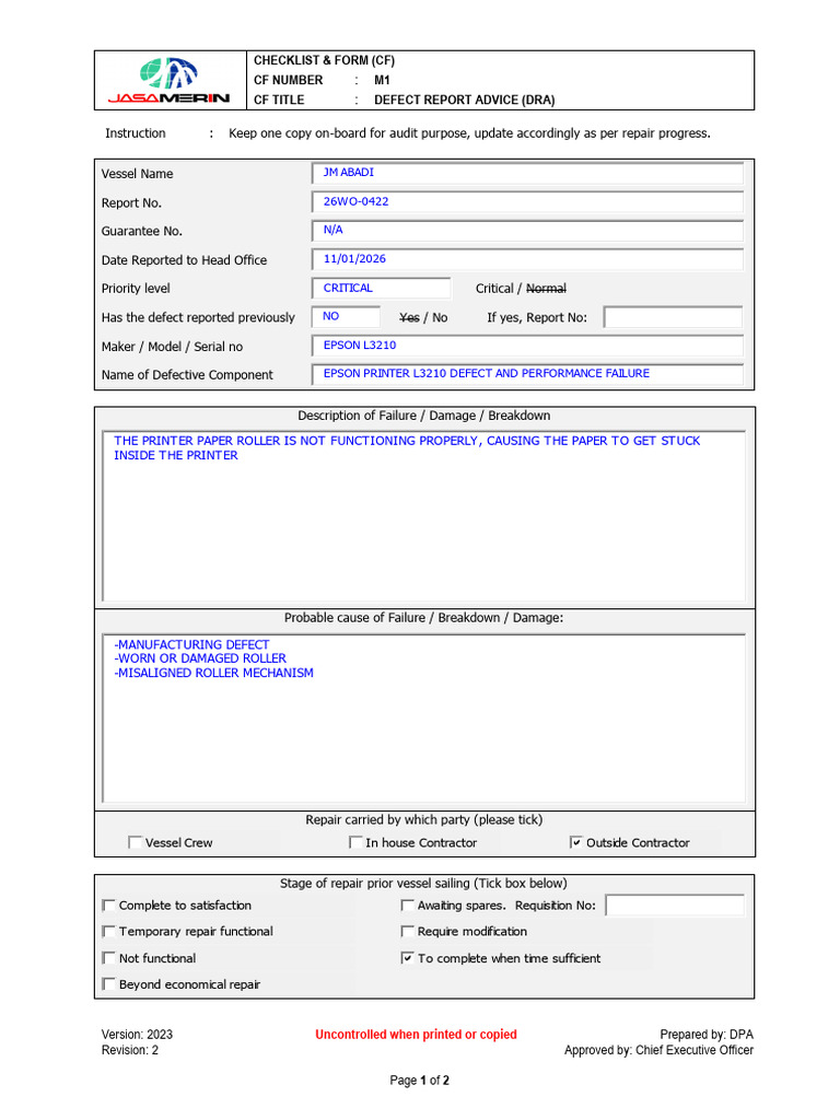 M1 - Defect Report Advice 2023 - EPSON Printer L3210 | PDF | Printer ...