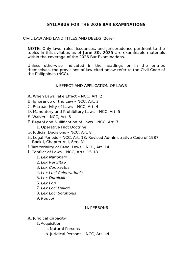 CIVIL LAW 2026 BAR Syllabus | PDF | Tort | Marriage