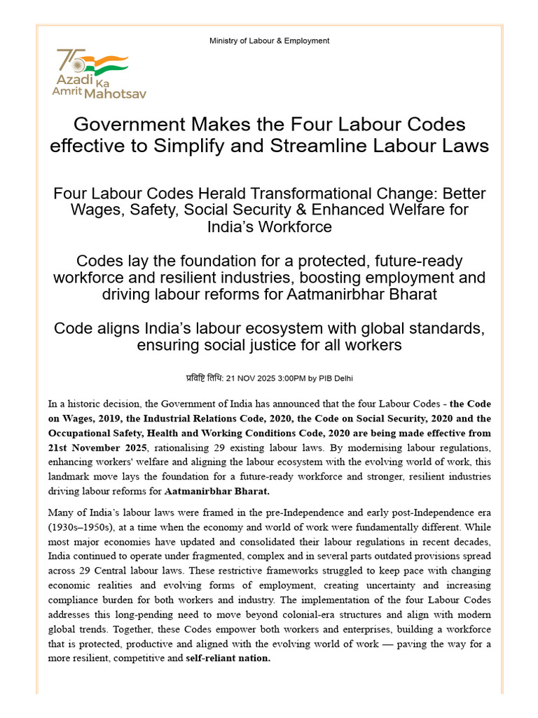 New CSS, 2020. Press Information Bureau | PDF | Employment | Labour Law