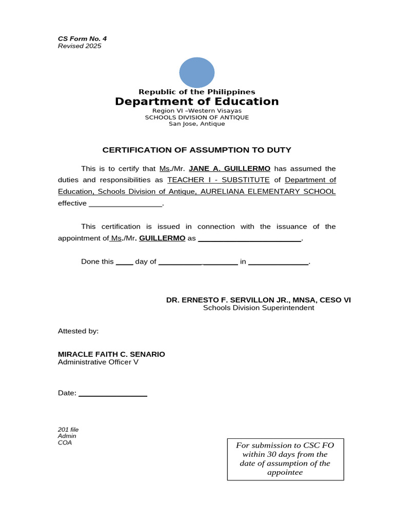 CS Form No. 4 Revised 2025 Certification of Assumption To Duty 2 SUB | PDF