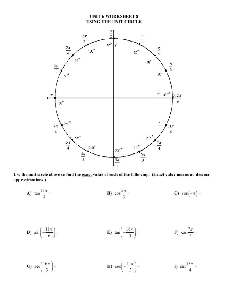 3 Unit 6 Worksheet 8 Using Unit Circle Mixed | PDF | Elementary ...
