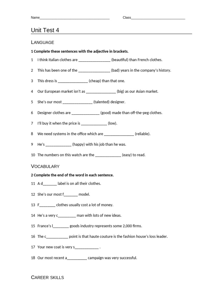 Unit Test 4 Pre - Inter | PDF