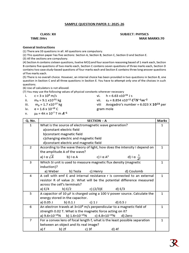 XII Physics 20 Sample Paper 2025-26 - Removed - Removed | PDF ...