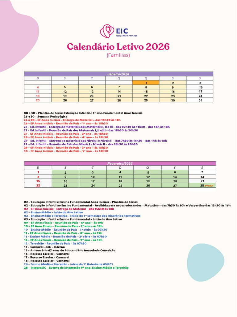 Calendario Letivo 2026 - Familias | PDF