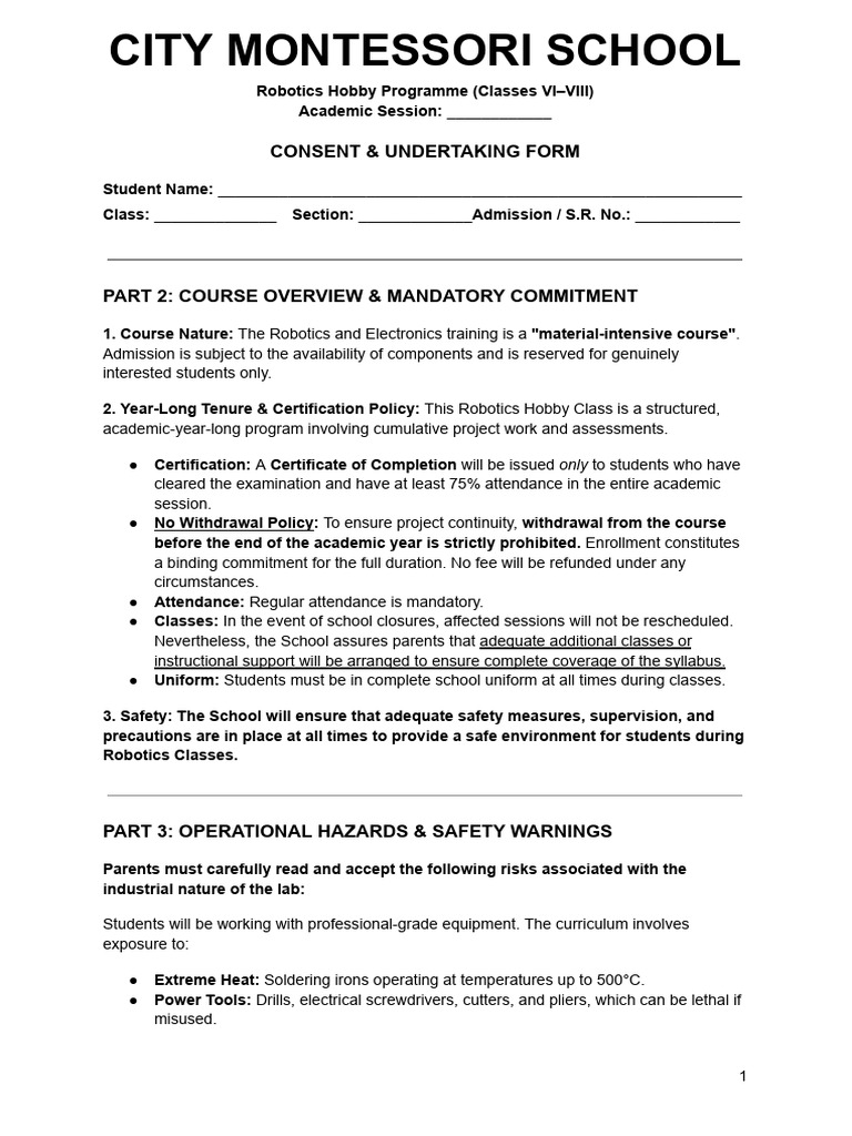 Robtoics Hobby Class Consent Form | PDF | Safety