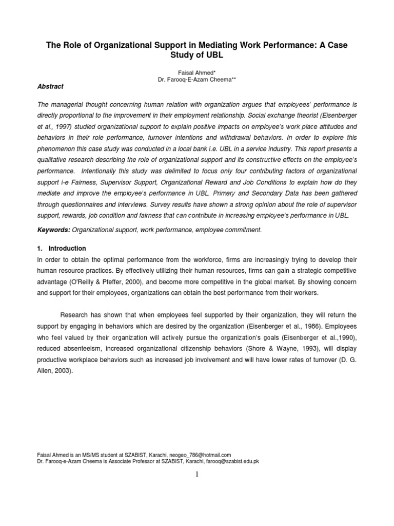 The Role of Organizational Support in Mediating Work Performance: A Case Study of UBL | PDF ...