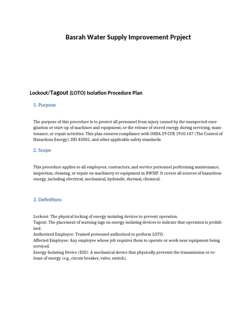 LOTO Isolation Procedure Plan | PDF | Safety