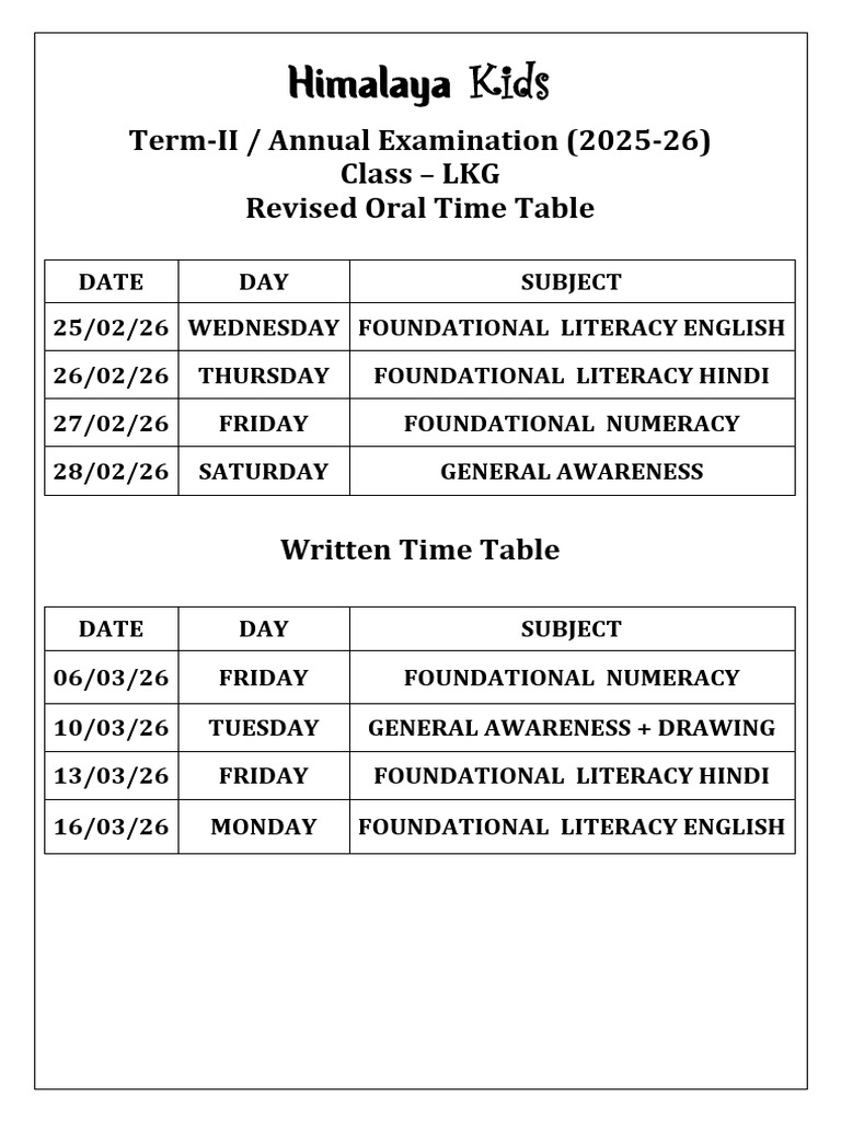 Revised LKG Final Time Table 2025-26 | PDF