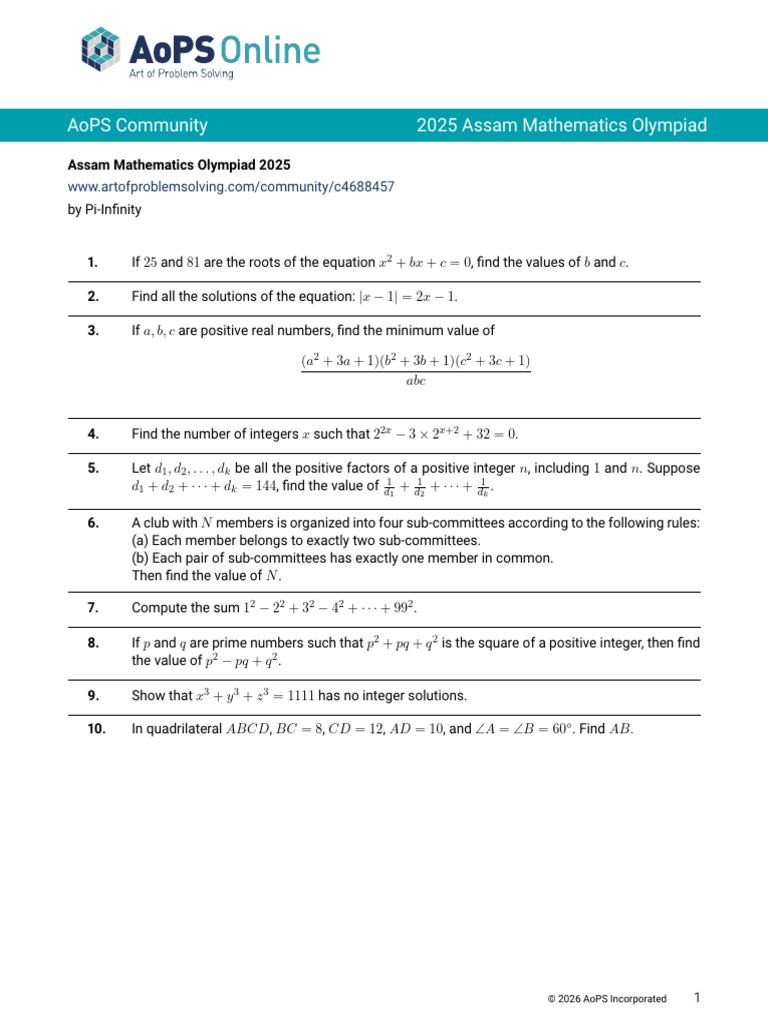 Assam Mathematics Olympiad 2025 | PDF | Elementary Mathematics ...