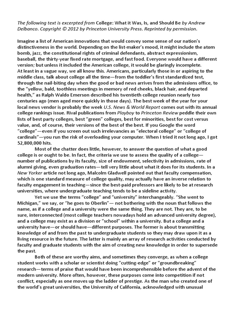 Excerpt: "College: What It Was, Is, and Should Be" by Andrew Delbanco ...