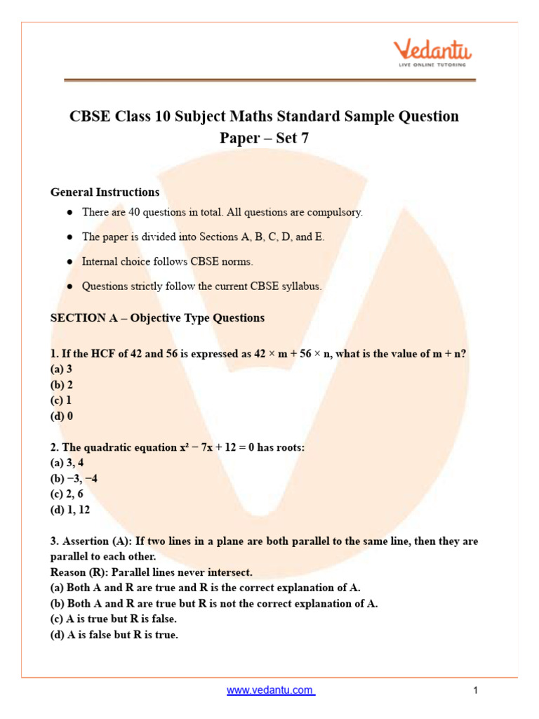 CBSE Class 10 Maths Standard Sample Paper Set 7 (2025-26) | PDF ...