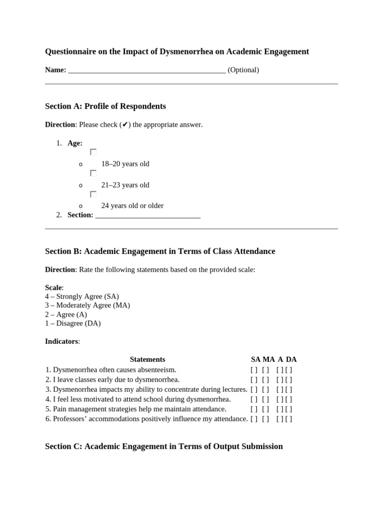 Questionnaire On The Impact of Dysmenorrhea On Academic Engagement ...