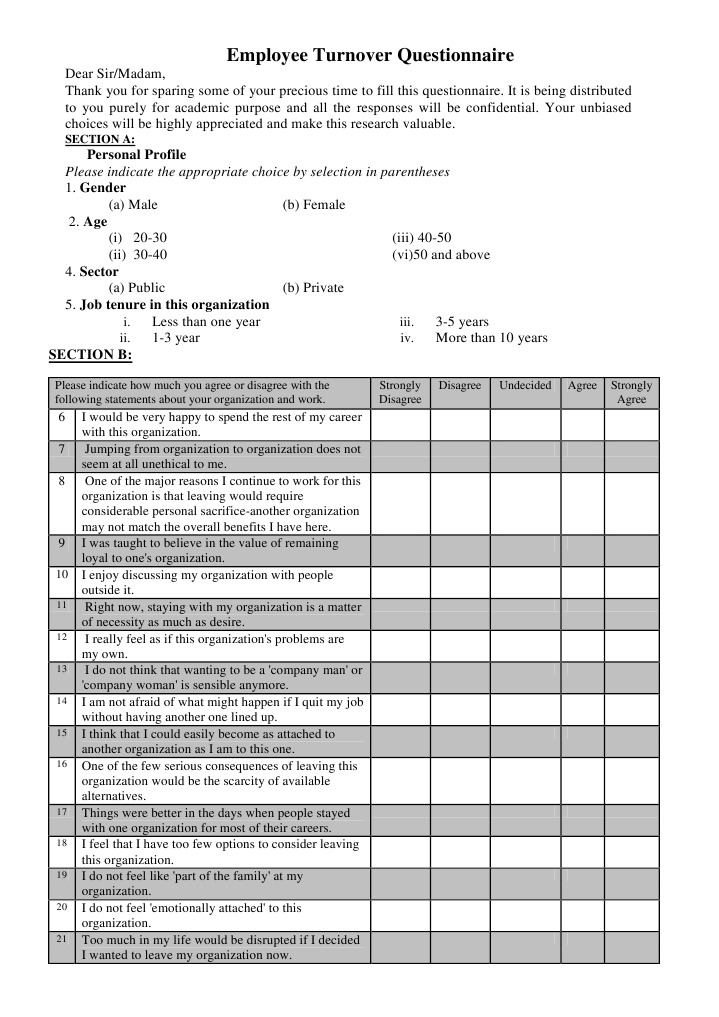 Turnover Questionnaire | PDF | Turnover (Employment) | Behavioural Sciences