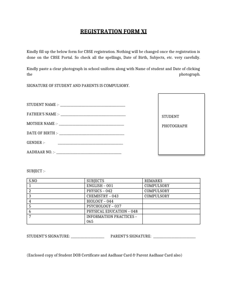 Registration Form XI Handwritten | PDF