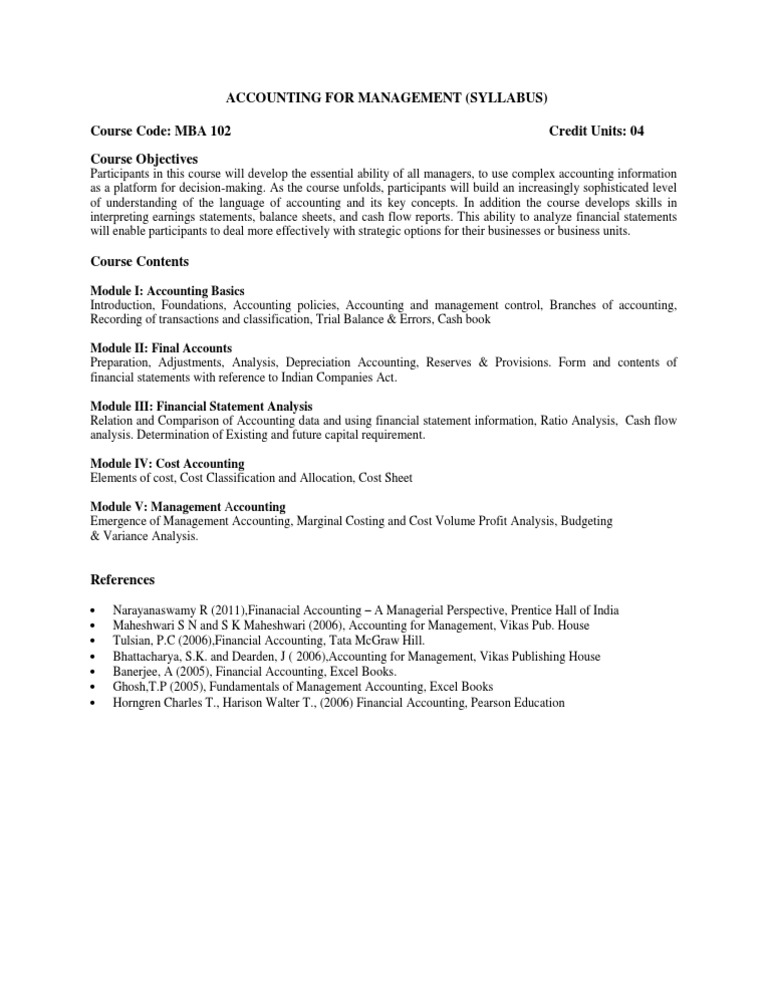 MBA 102: Management Accounting Syllabus | PDF | Financial Accounting ...