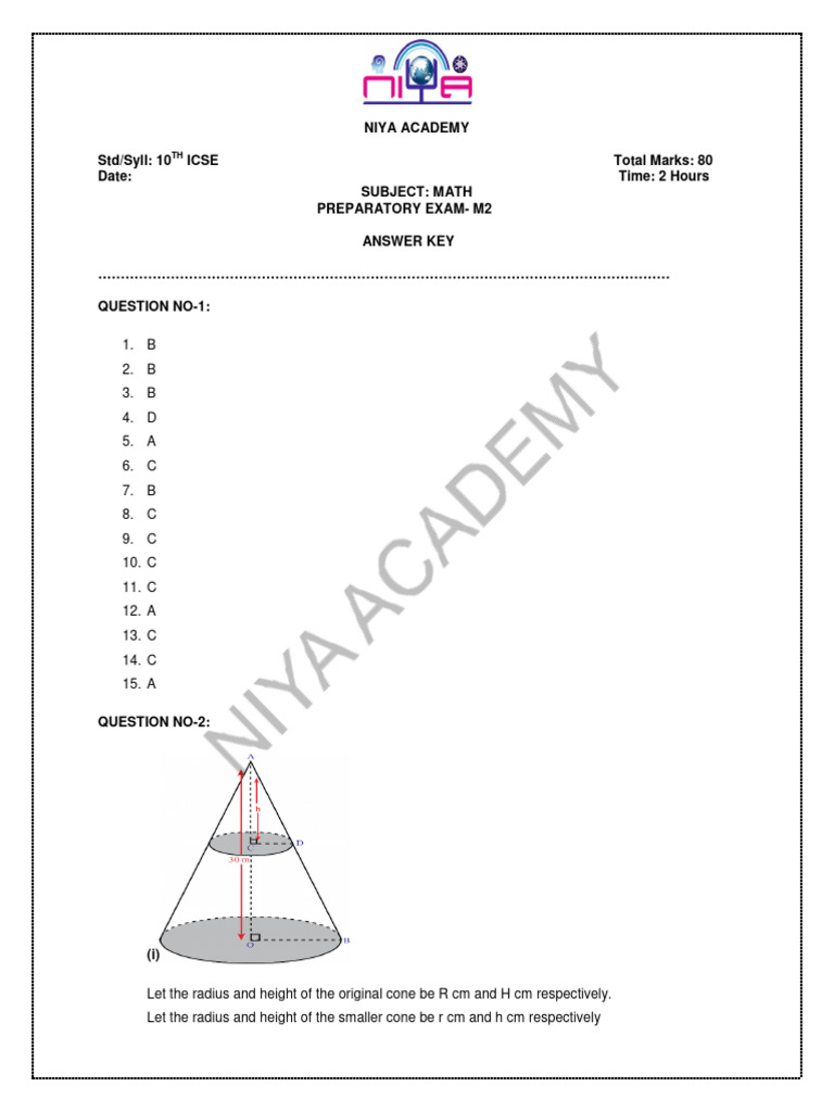 10th Icse Math Preparatory Answer Key - 2 Watermark | PDF | Elementary ...