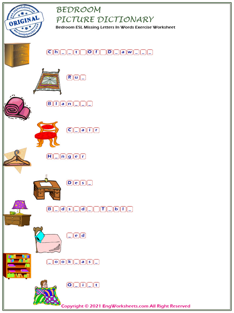 Bedroom Esl Missing Letters in Words Exercise Worksheet 2682 | PDF