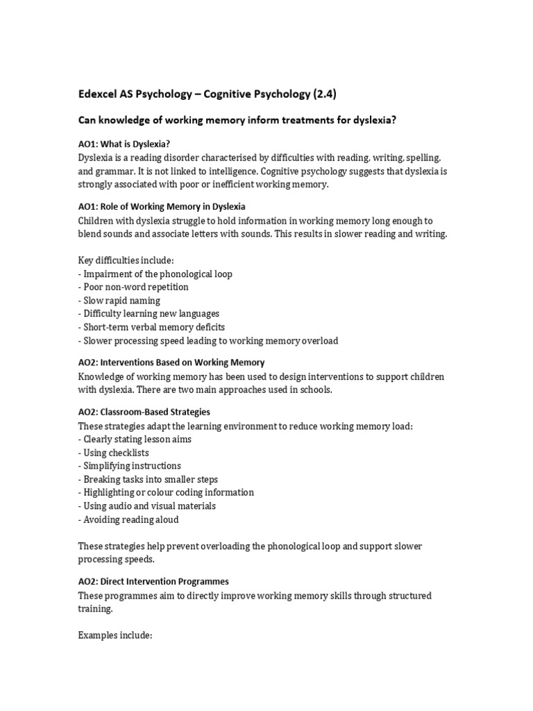Edexcel As Psychology 2 4 AO1 AO2 AO3 Notes | PDF | Dyslexia | Working ...