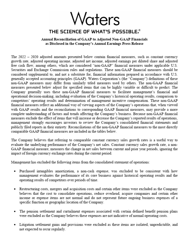 Waters 2022 - 2020 Annual GAAP To Non-GAAP Reconciliation Report | PDF ...